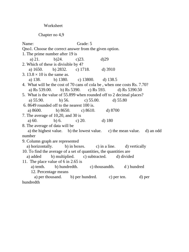 Class 5 Math Worksheet | PDF | Teaching Methods & Materials
