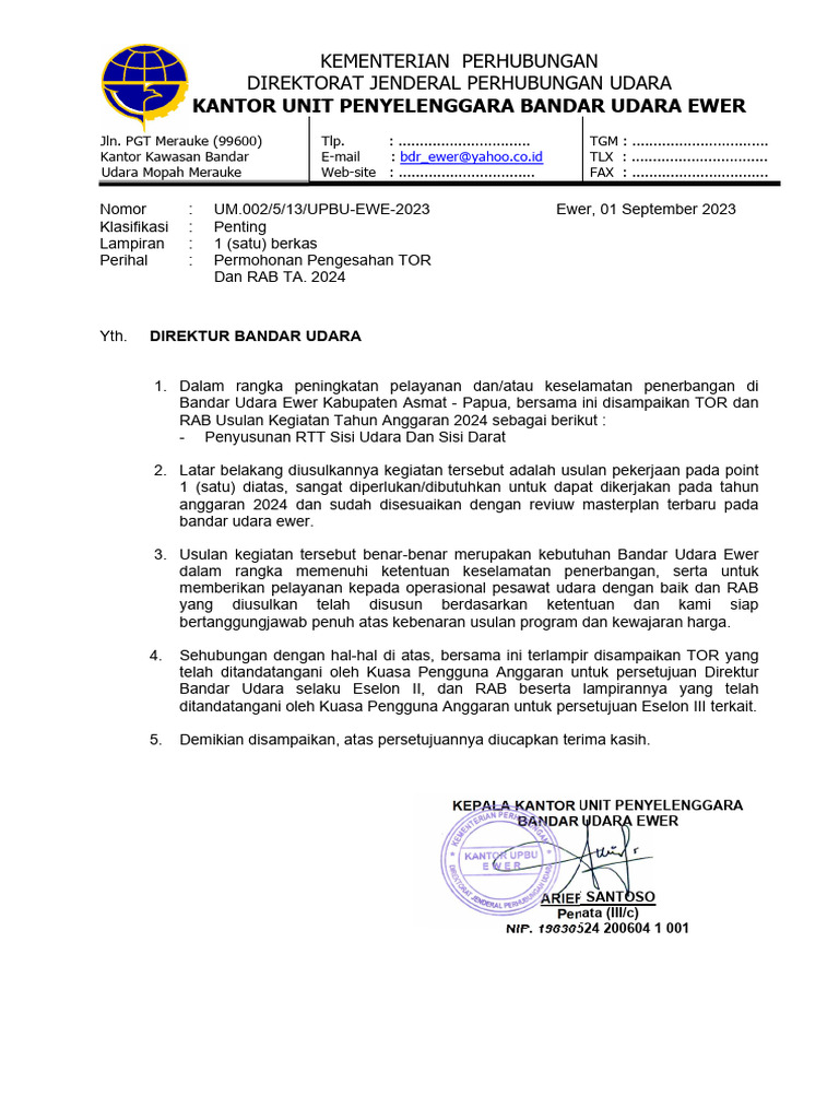 Permohonan Persetujuan TOR Dan RAB RTT Sisi Udara Dan Darat | PDF