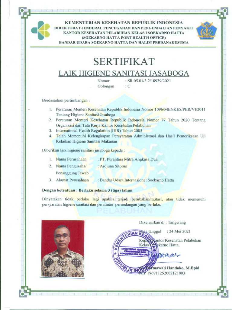 Sertifikat Laik Hygiene Sanitasi Jasaboga PT. PMAD (24 Mei 2021-24 Mei ...