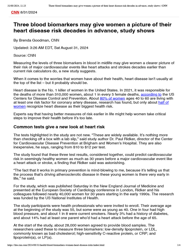 Three Blood Biomarkers May Give Women A Picture of Their Heart Disease ...