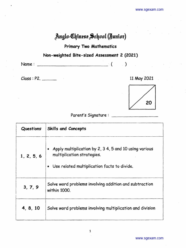 2021 P2 Maths Bite Sized Assessment 2 ACSJ | PDF