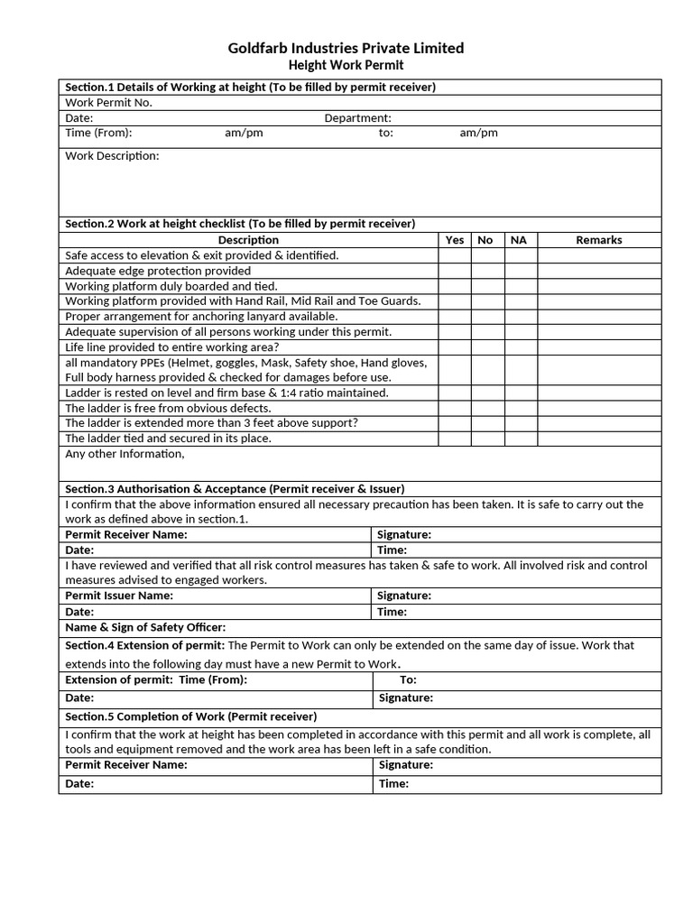 Height Work Permit | PDF