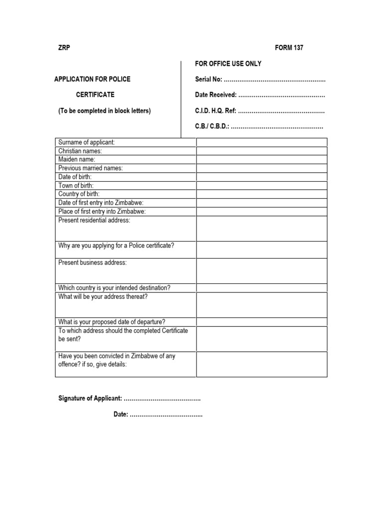 Zimbabwe Police Clearance Form | PDF