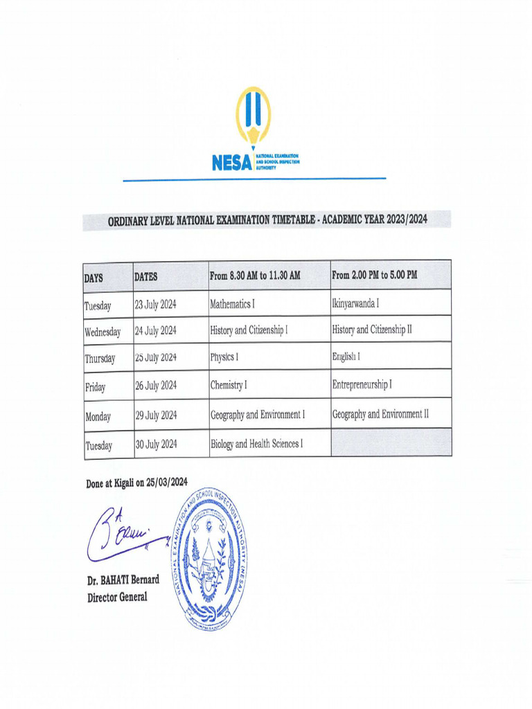 2023-2024 NE Ordinary Level Timetable Signed | PDF