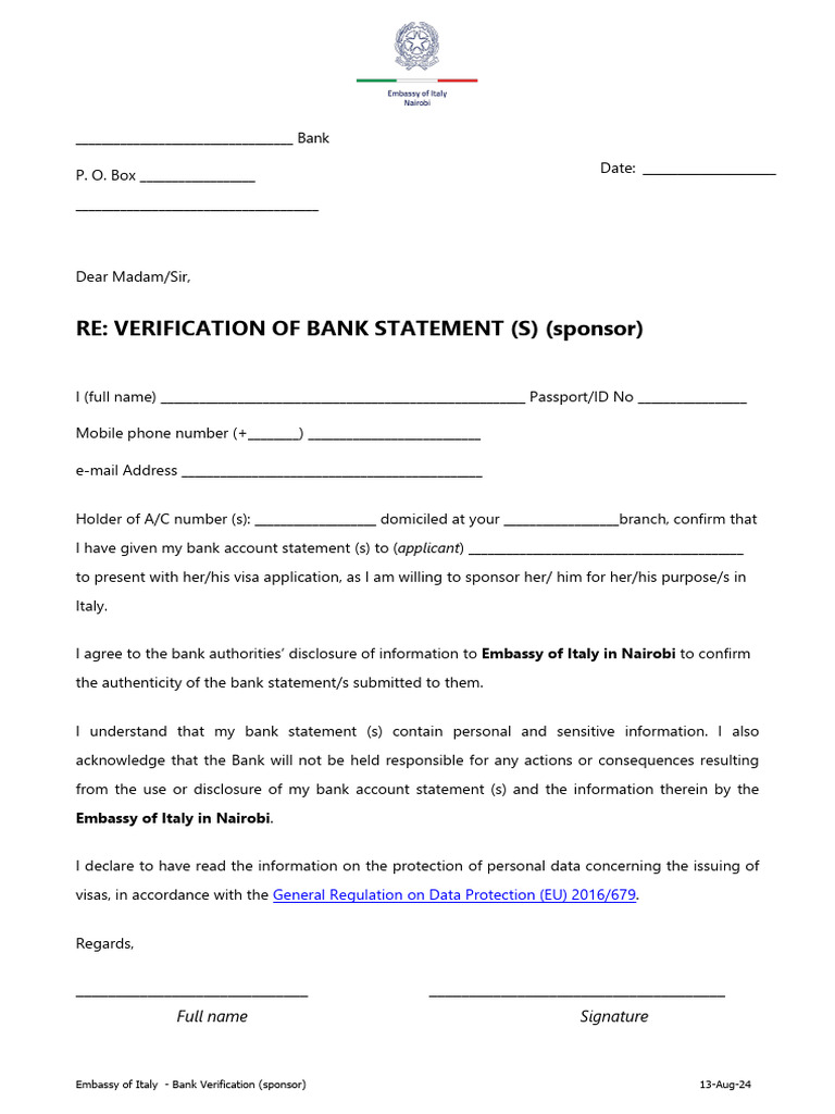 Italy Visa Bank Statement Verification | PDF