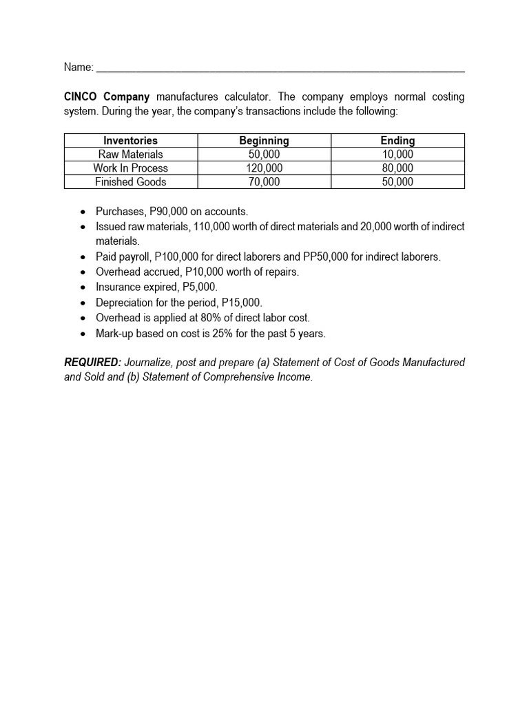 Cost Accounting and Control - Exercise | PDF