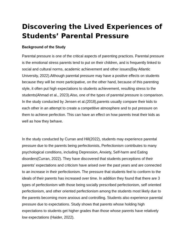 Discovering The Lived Experiences of Students Parental Pressure Group 1 ...