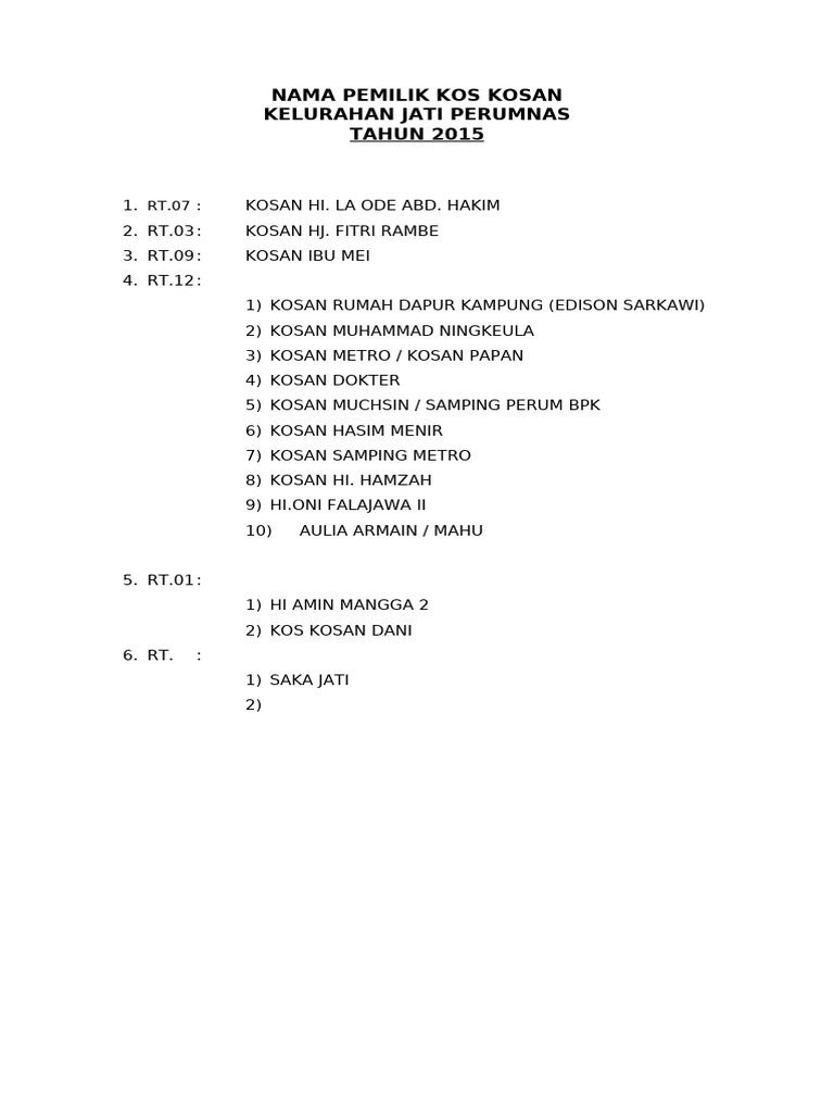 Nama Pemilik Kos Kosan | PDF