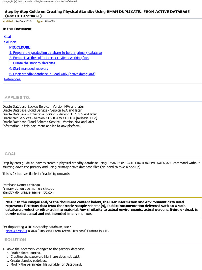 Step by Step Guide On Creating Physical Standby Using RMAN DUPLICATE... FROM ACTIVE DATABASE ...