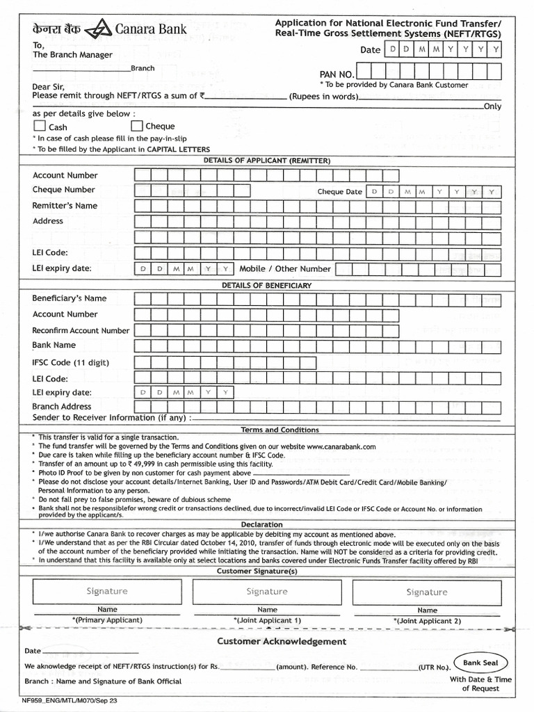 Canera Bank RTGS-NEFT Form | PDF