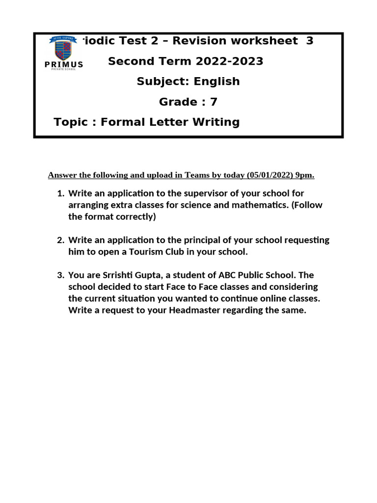 Formal Letter Writing Assignments for Grade 7 | PDF