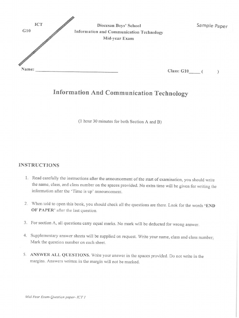 G10 ICT Mid-Year Examination Sample Paper | PDF