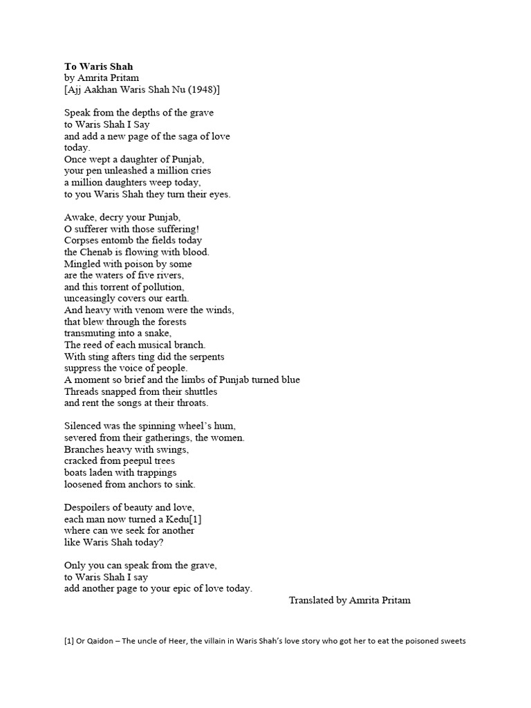 To Waris Shah by Amrita Pritam | PDF