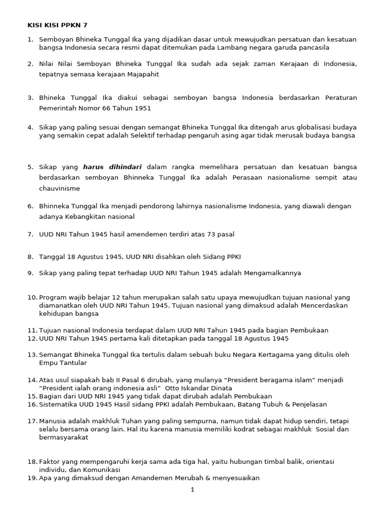 Kisi Kisi PPKN 7 | PDF