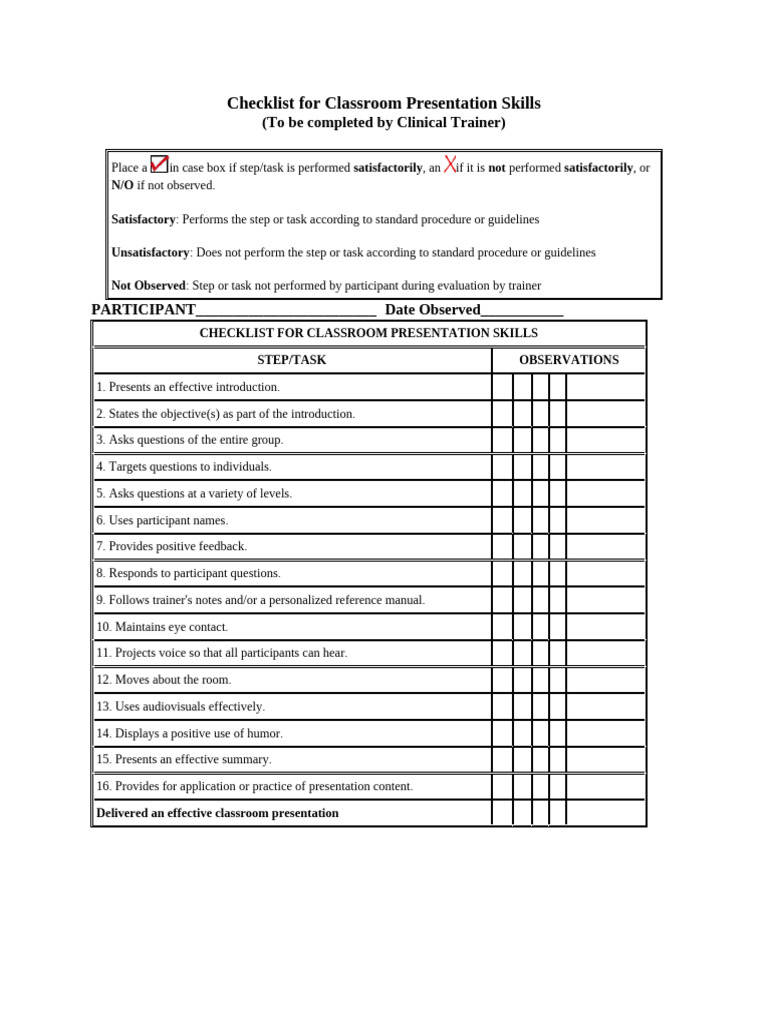 Checklist For Classroom Presentation Skills | PDF