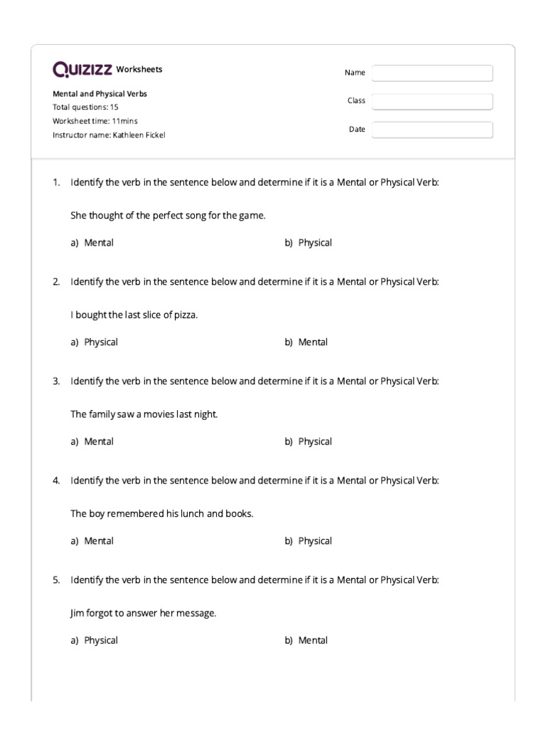 Mental and Physical Verbs - Quizizz | PDF