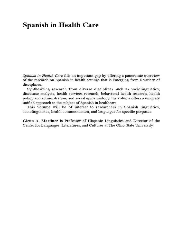 Spanish in Health Care Policy, Practice and Pedagogy in Latino Health | PDF