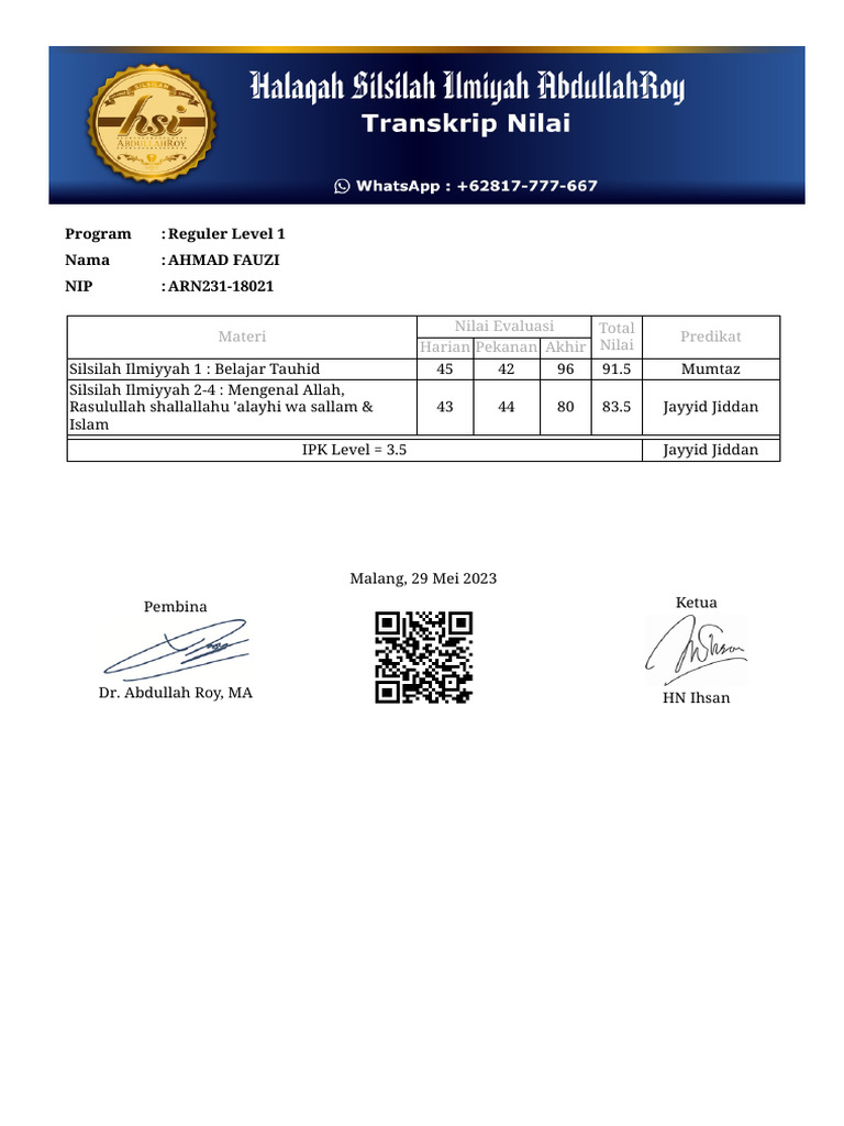 Transkrip Reguler Level 1 - HSI | PDF