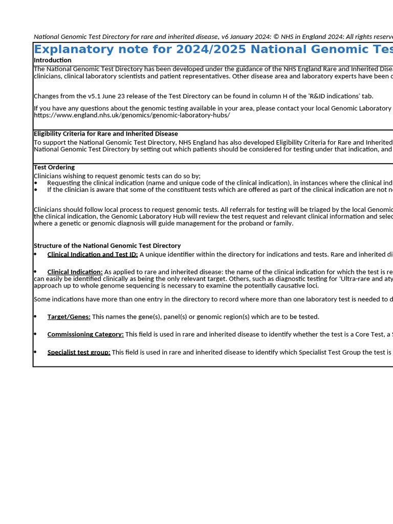 Rare and Inherited Disease National Genomic Test Directory Version 6 | PDF