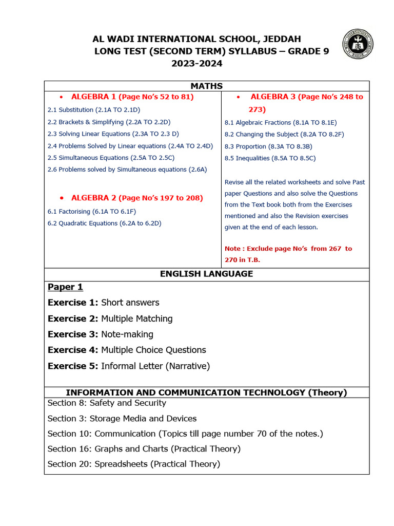 Grade 9 Long Test Syllabus Feb 2024 | PDF