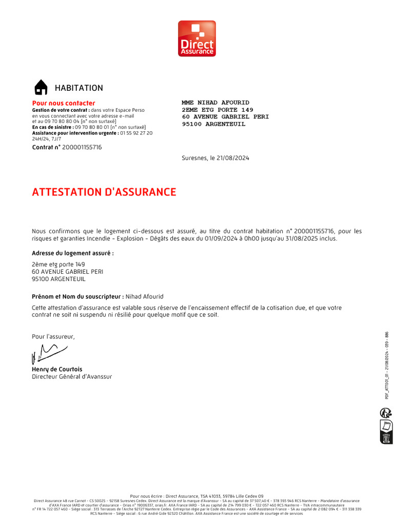 Attestationd'Assurance | PDF