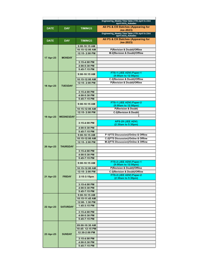 Time Table Engineering PS and ER | PDF