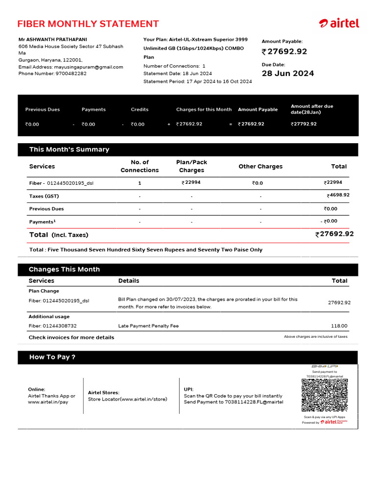 Airtel Broadband Bill - Jun | PDF