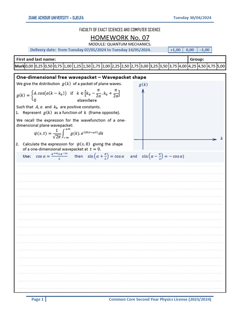 HOMEWORK 07 Quantum Mechanics 23-24 | PDF