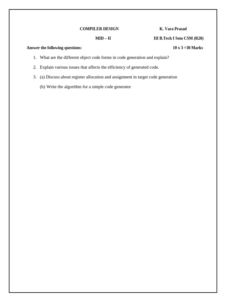 Compiler Design MID - 2 Question Paper and Online Bits | PDF