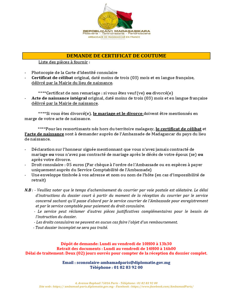 Demande de Certificat de Coutume | PDF