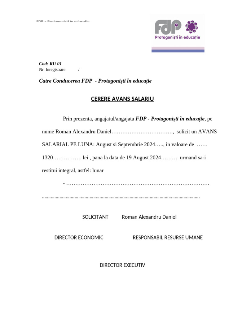 Cerere Avans Salariu | PDF