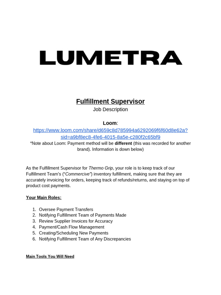 Fulfillment Supervisor - Job Description | PDF