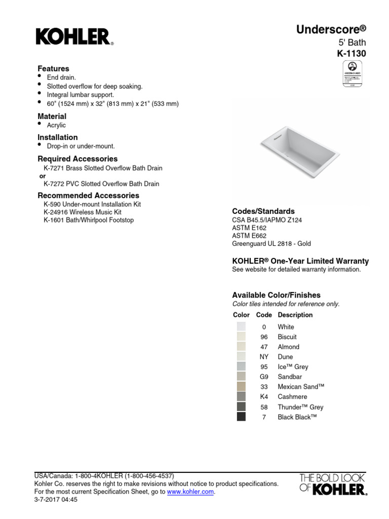 Kohler K 1130 Specification Sheet | PDF
