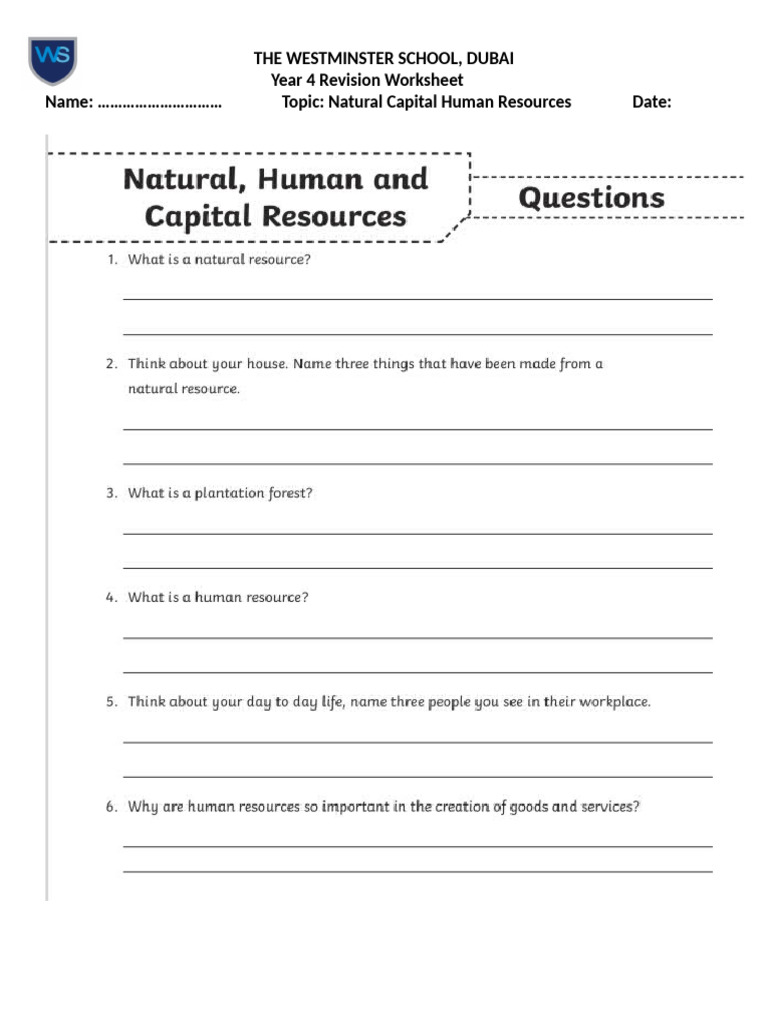Natural Capital Human Resources - Worksheet | PDF