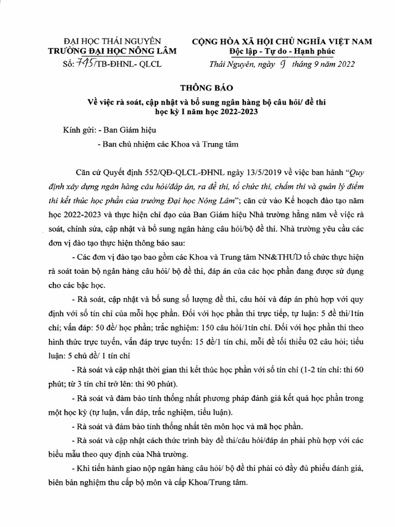 TB Ra Soat Cap Nhat de Thi HKI 2022-2023 | PDF