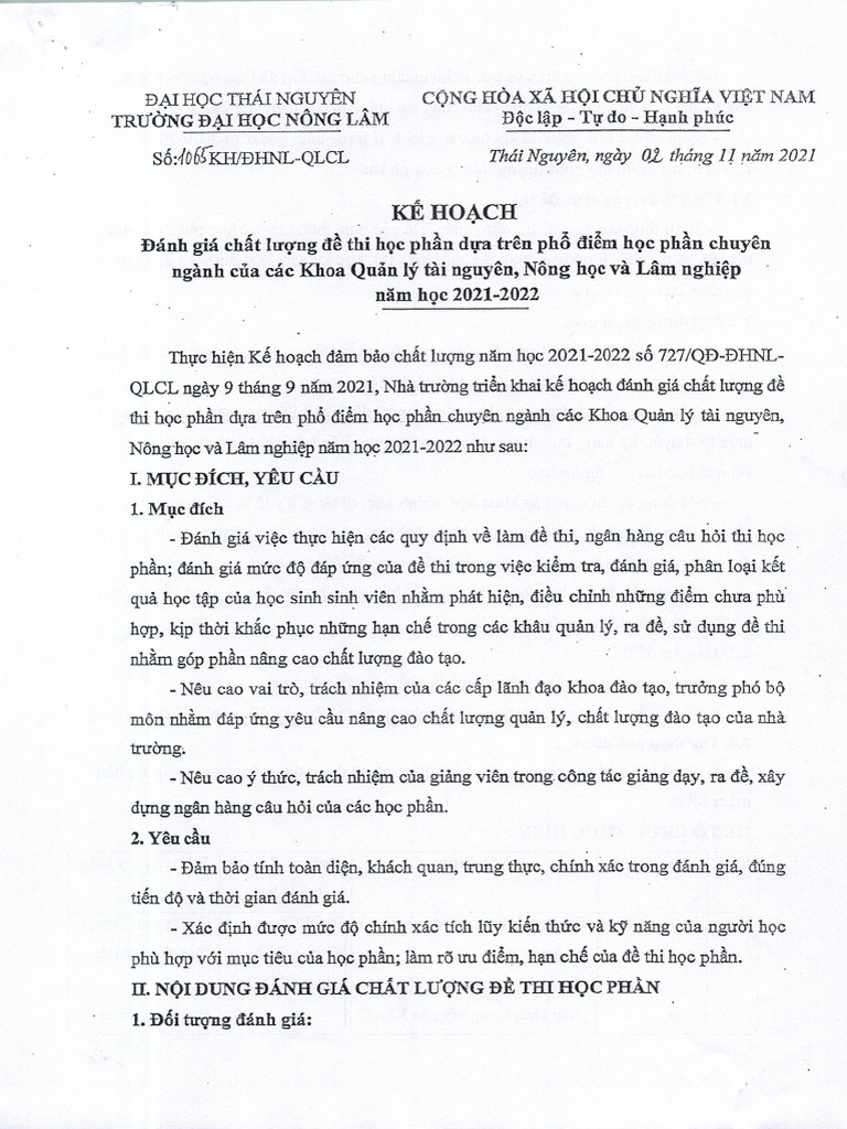 16. Kế Hoạch Đánh Giá Chất Lượng Đề Thi 02.11.2021 | PDF