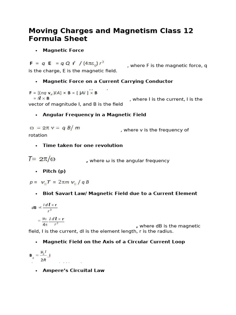 Moving Charges and Magnetism Formula Sheet | PDF