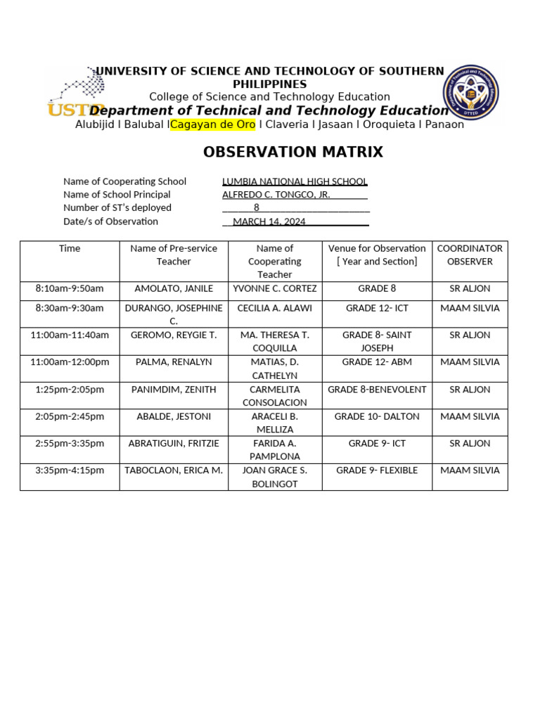 Observation of Matrix LUMBIA GROUP | PDF