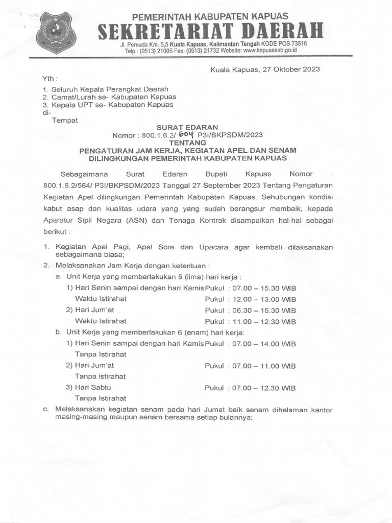 Surat Edaran Pengaturan Jam Kerja Di Lingkungan Pemerintah Kab Kapuas | PDF