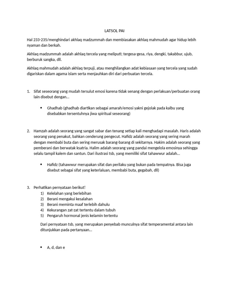 Latsol Serta Jawaban Mapel Pai Kelas 10 | PDF