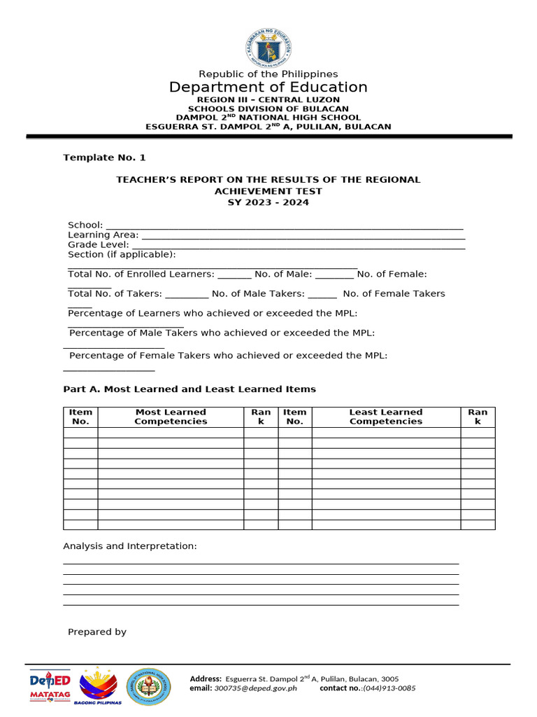 Regional Achievement Test Template1 4 | PDF