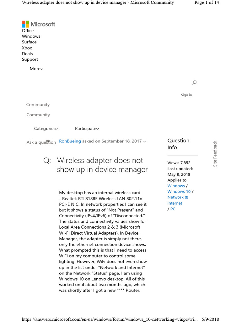 Q: Wireless Adapter Does Not Show Up in Device Manager: Community Community | PDF