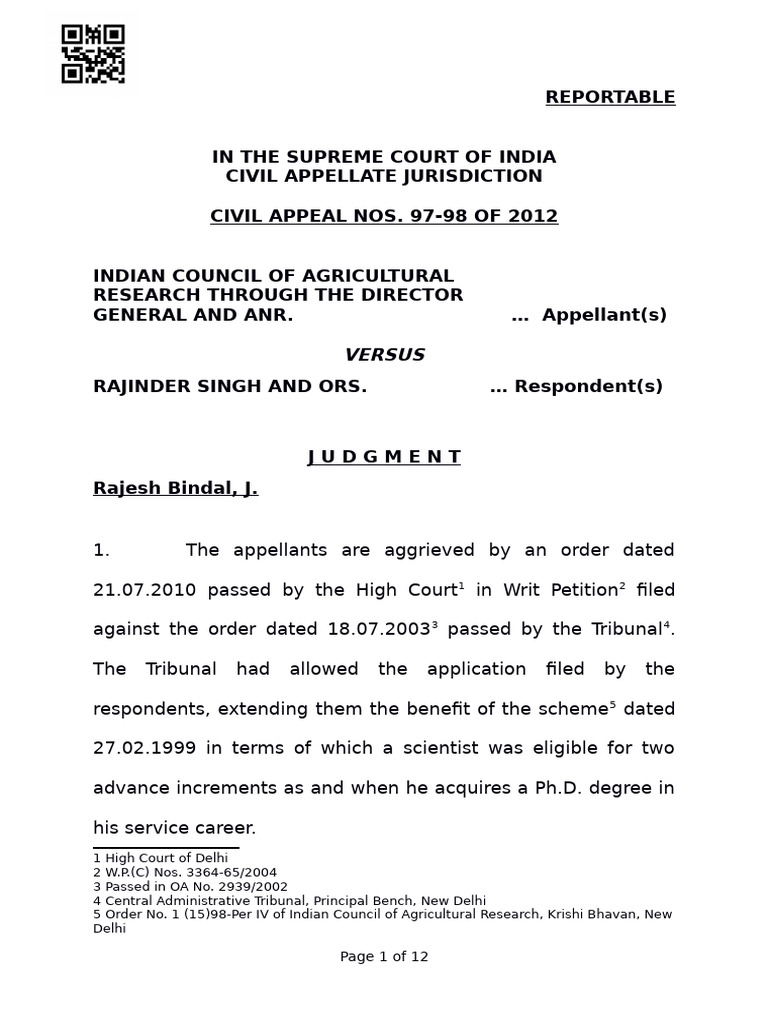 Indian Council of Agricultural Research Through The Director General and Anr Vs Rajinder Singh ...