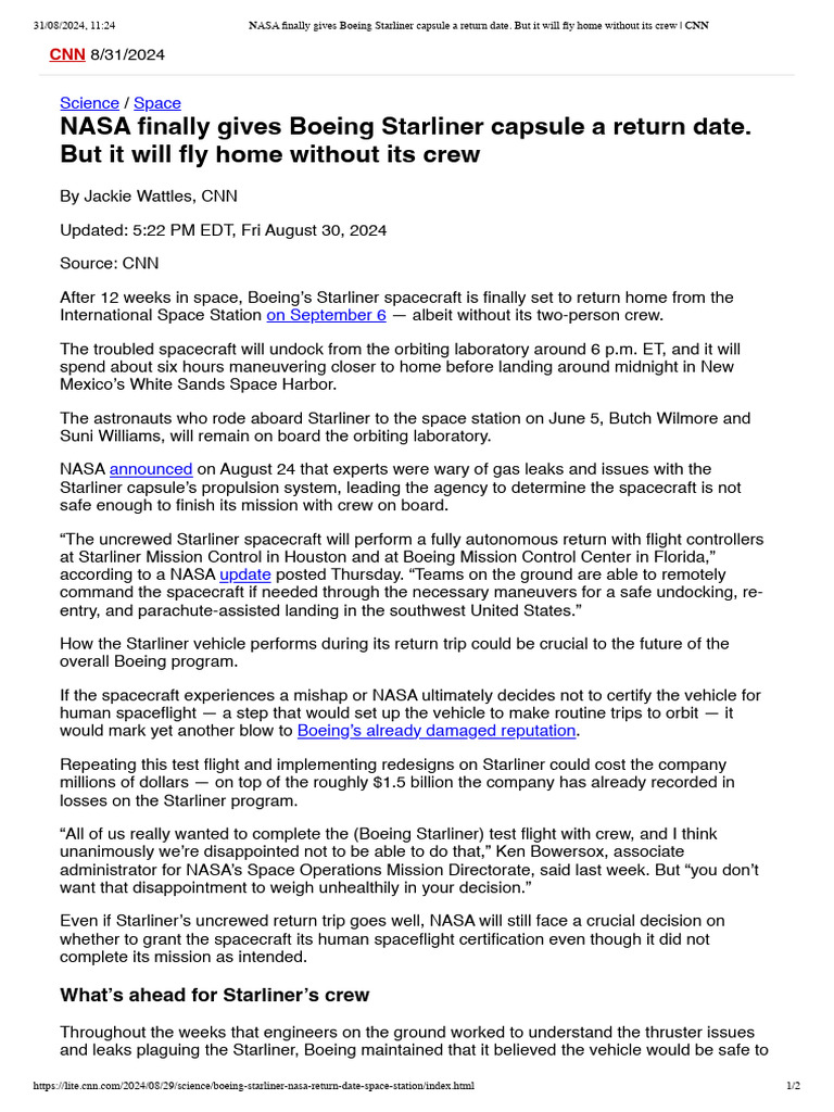 NASA Finally Gives Boeing Starliner Capsule A Return Date. But It Will ...