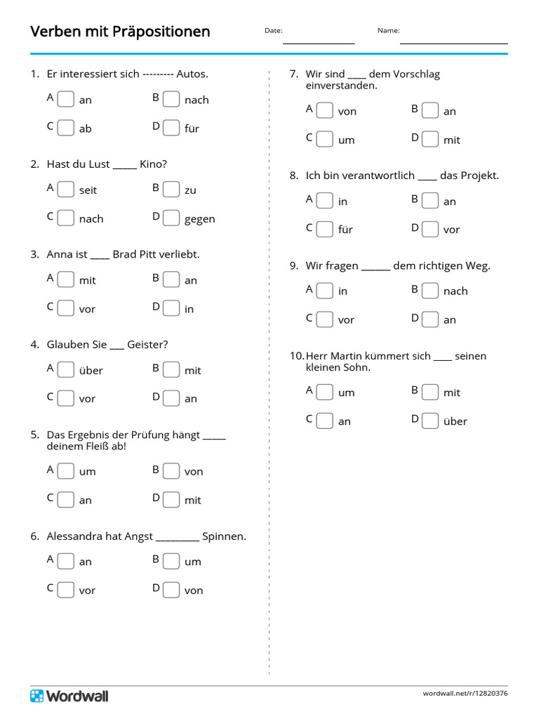 Verben Mit Präpositionen Quiz | PDF