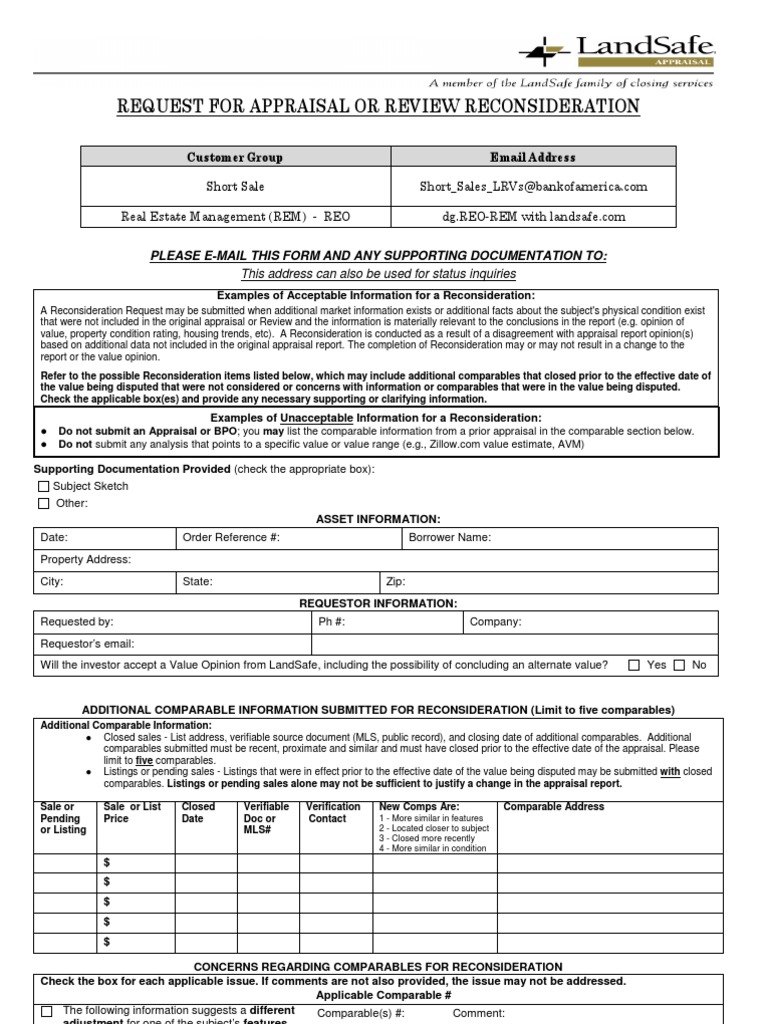 Bank of America Appraisal Reconsideration Form | PDF | Real Estate ...