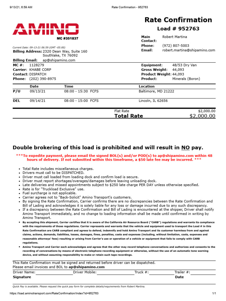 Rate Confirmation - 952763 With Rate | PDF