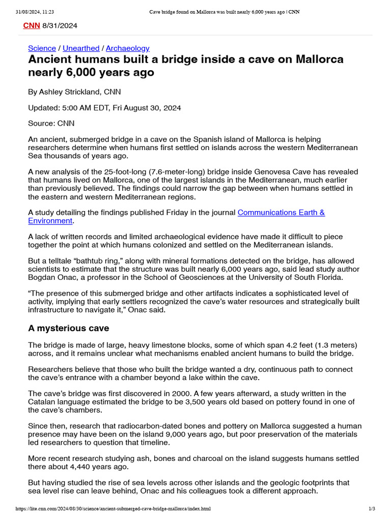 Cave Bridge Found On Mallorca Was Built Nearly 6,000 Years Ago - CNN | PDF