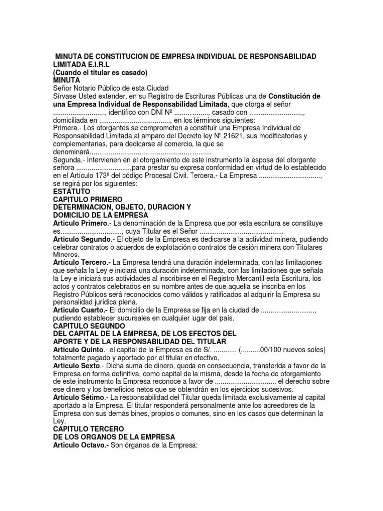 Minuta de Constitucion de Empresa Individual de Responsabilidad Limitada e | PDF | Sociedad de ...