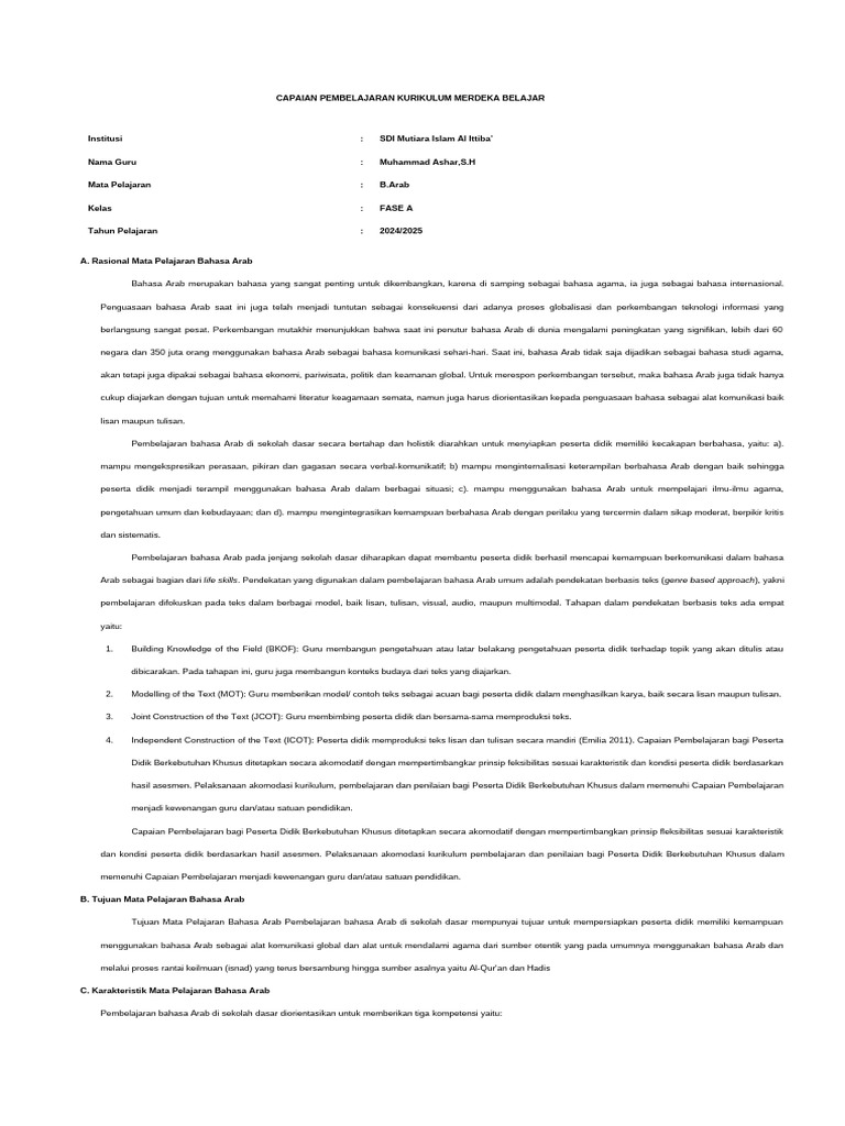 CP Bahasa Arab Fase A | PDF